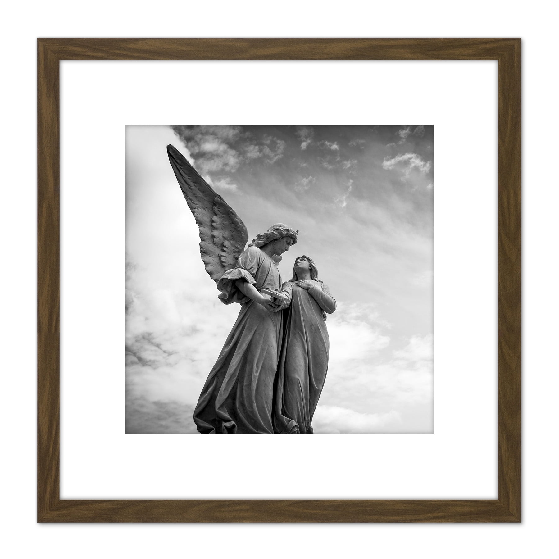 Greyscale Angel Statue Cloudy Sky Photo 8X8 Inch Square Wooden Framed ...