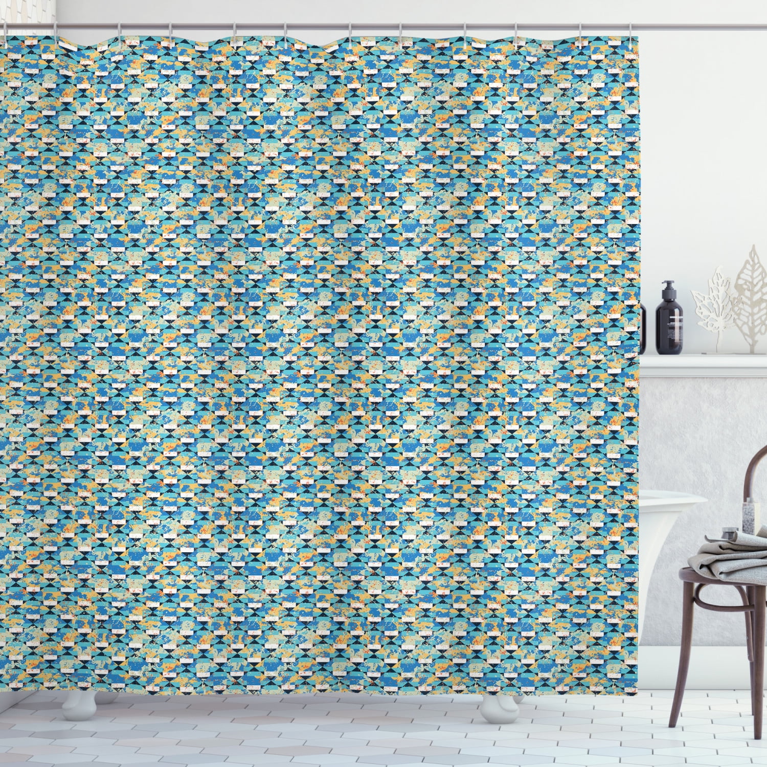 Glitch Shower Curtain, Grunge Watercolor Splashes Geometric Squares ...