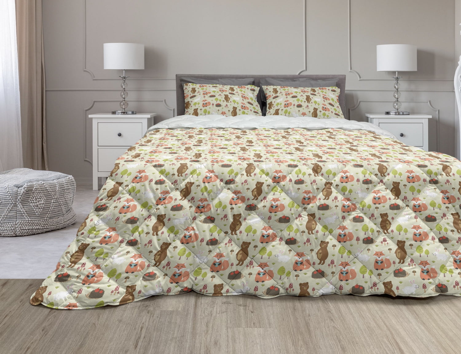 Cartoon Comforter & Sham Bedding Set, Forest Doodle with Bears Hedgehog ...