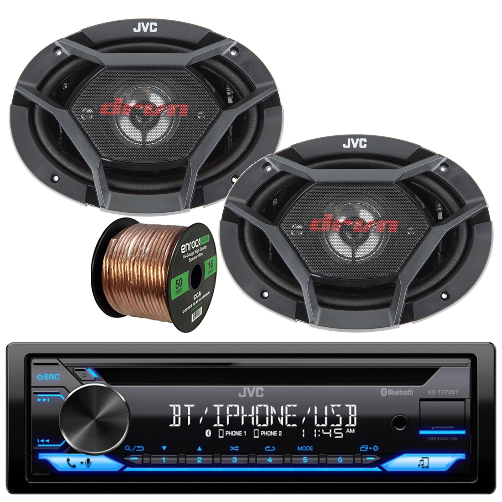 JVC KD-TD72BT Single DIN Bluetooth USB AUX AM/FM Radio CD Player Car Audio Receiver Bundle Combo ...