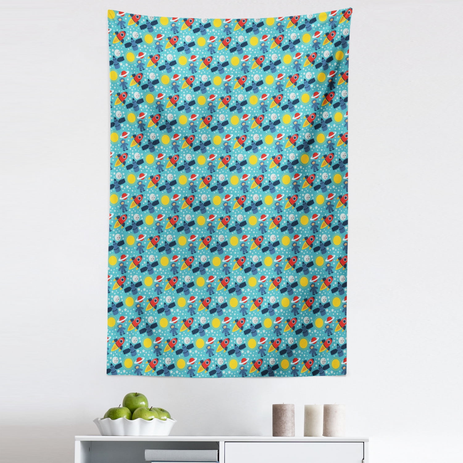 Cartoon Tapestry, Vibrant Graphic with Cosmonaut Stars Rocket Sun ...