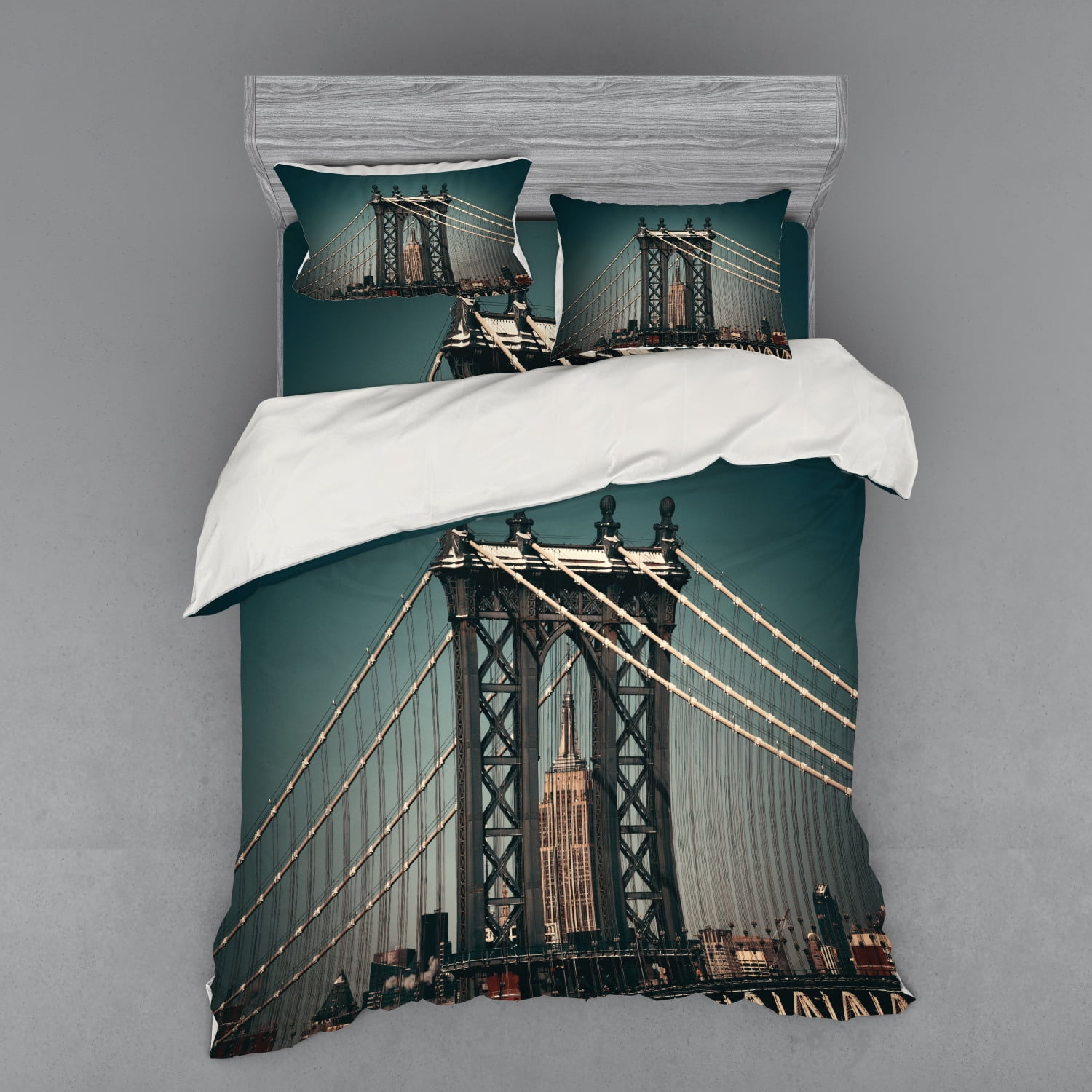 Scenery Duvet Cover Set, Cityscape Landscape View with Bridge Empire ...