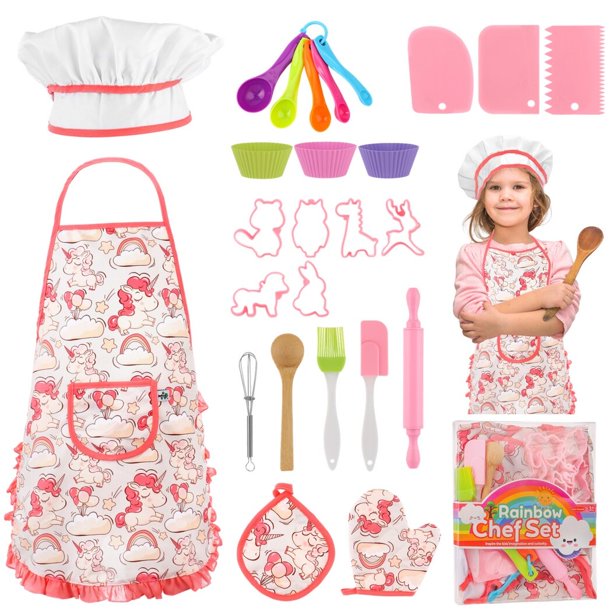 Kids Cooking and Baking Set, 26 PCS Kids Chef Set, Apron Hat Mitten Set ...