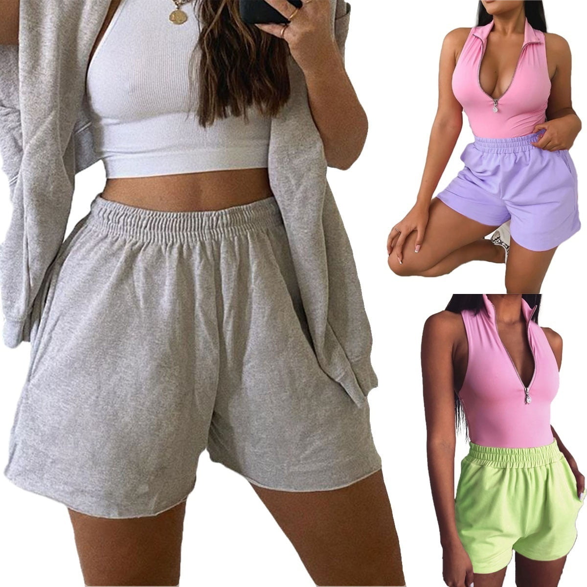 Summer Women Casual Loose Shorts Solid Color High Waist Ladies Stylish