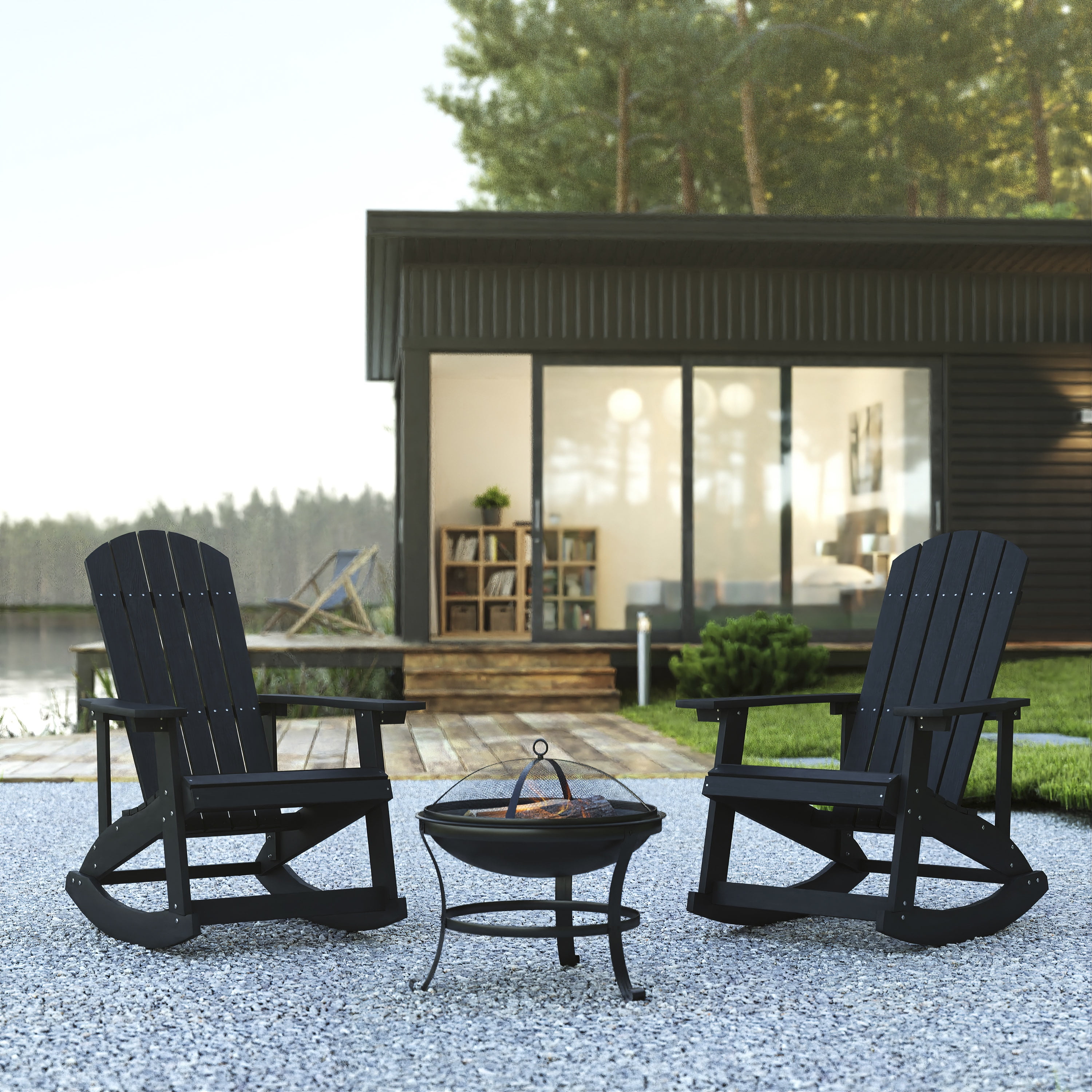 BizChair Set of 2 Black Commercial Grade All-Weather Poly Resin Wood ...