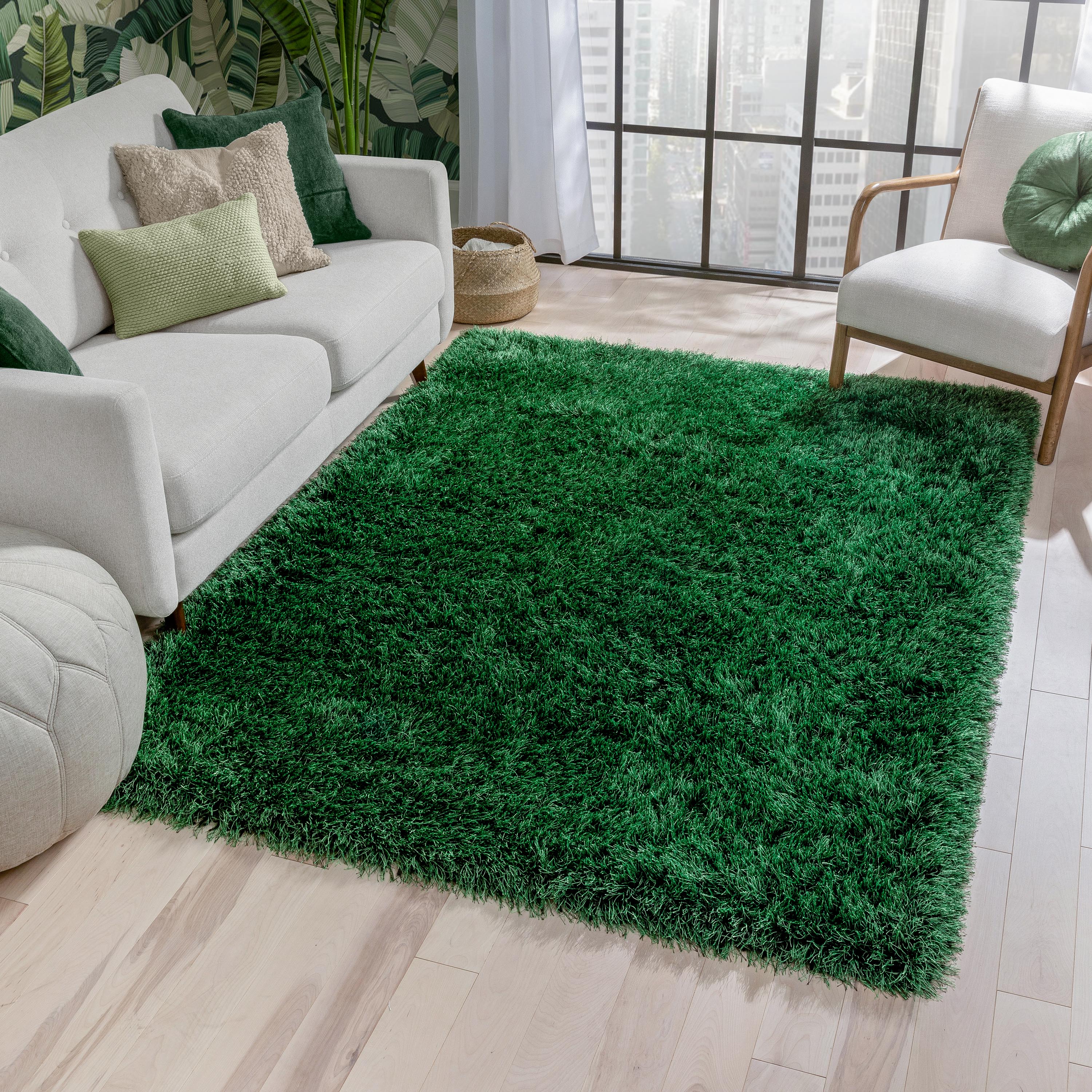 Well Woven Chie Green Black Kuki Collection Ultra Shag Rug 5x7 5 3 X