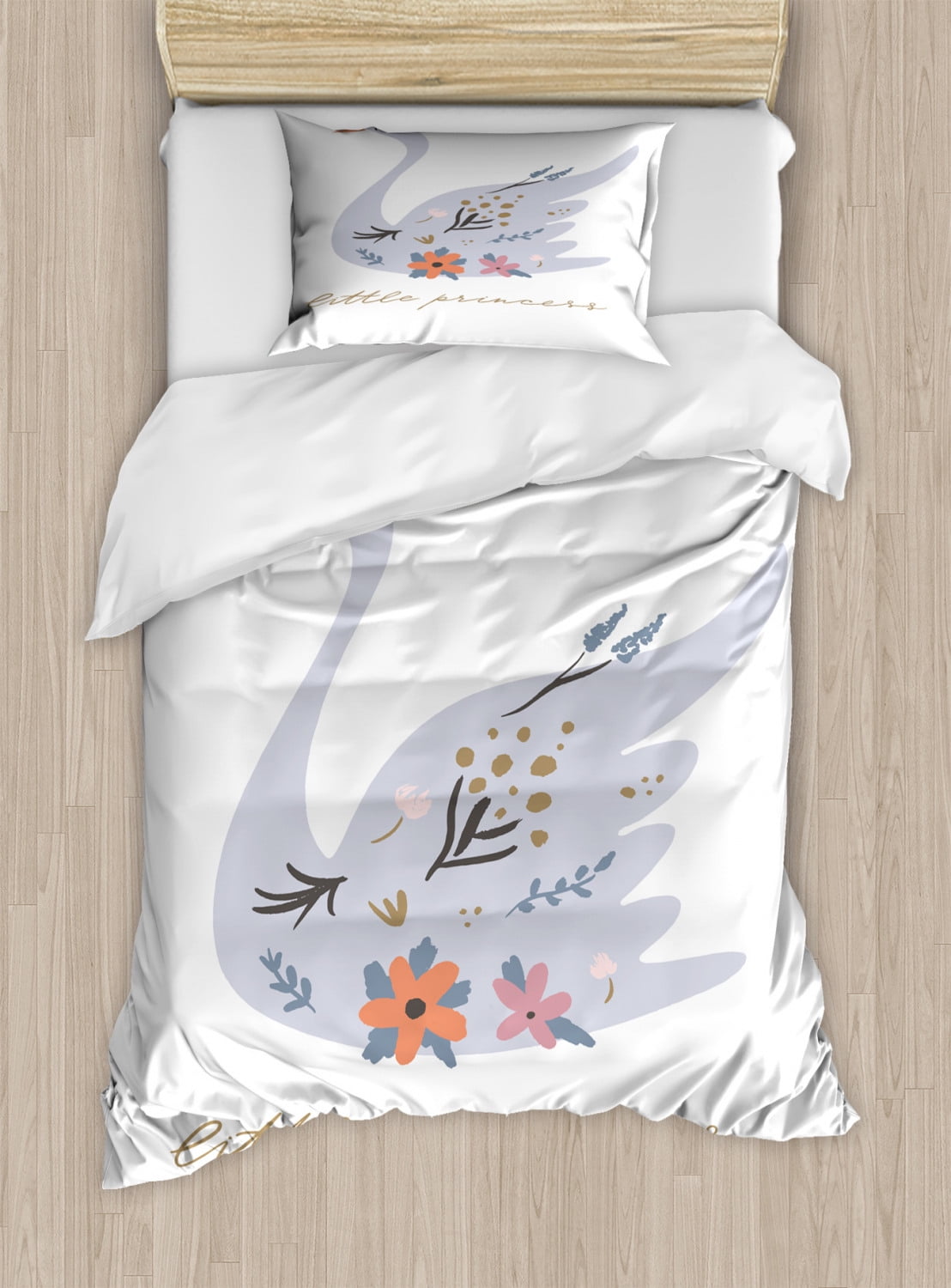 Swan Duvet Cover Set Twin Size, Delicate Abstract Bird with Floral ...