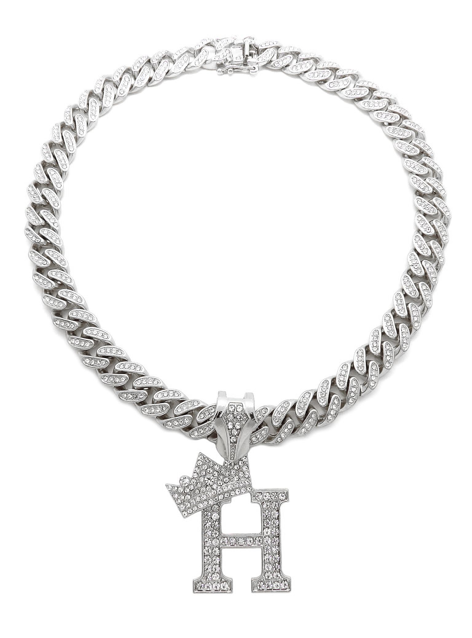 Stone Stud Crowned Initial Pendant with 12mm Iced Out Miami Cuban Chain ...