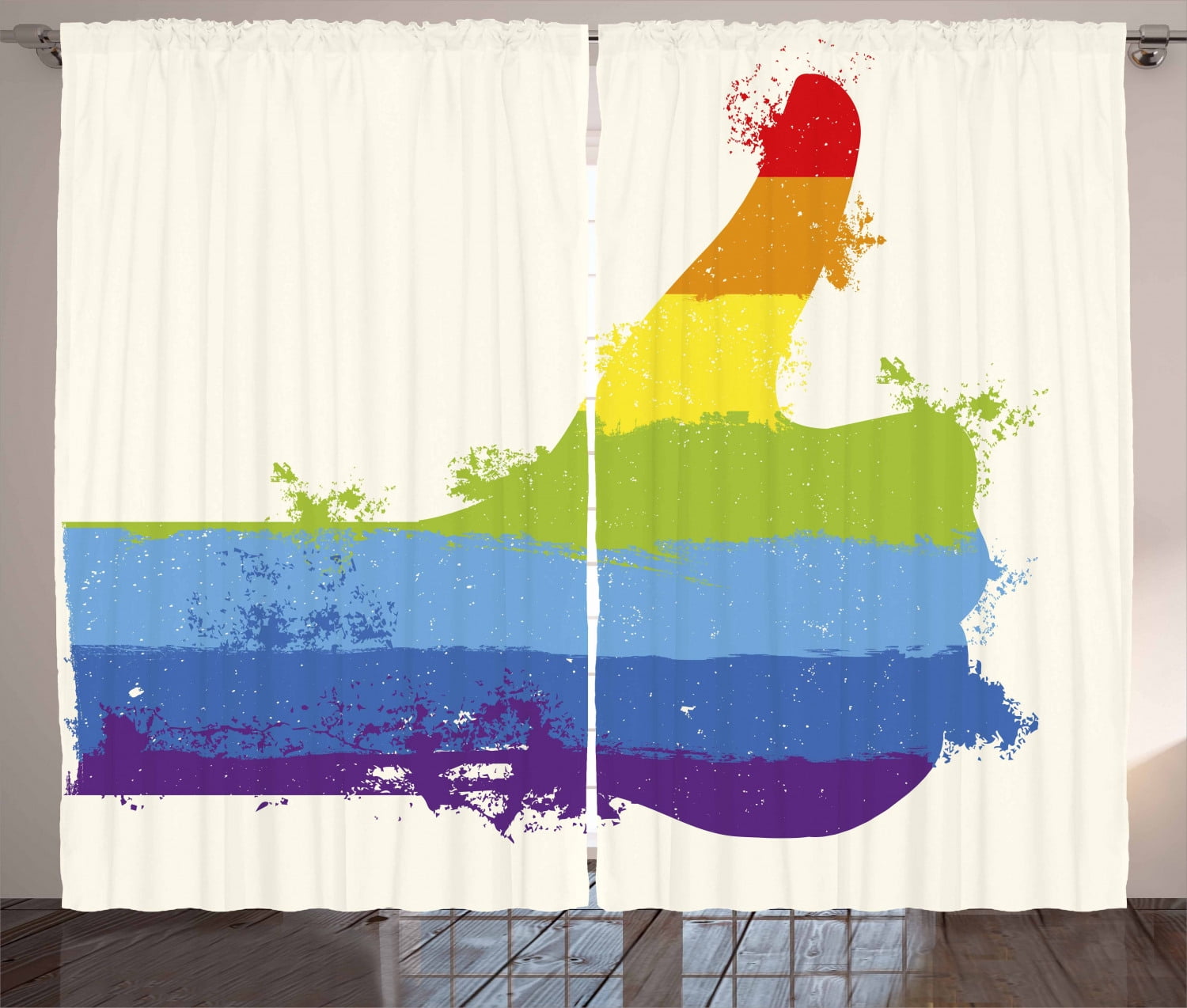 Pride Decorations Curtains 2 Panels Set Grungy Rainbow Thumbs Up Art