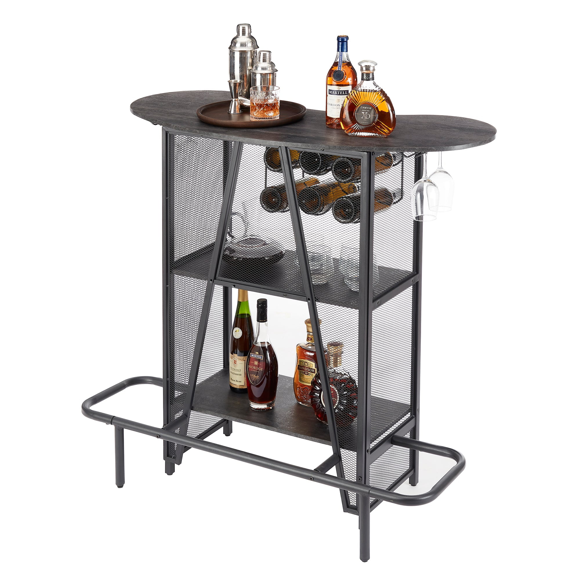 VECELO Bar Unit with Metal Mesh Front, 3 Tier Bar Table with Wine Rack ...