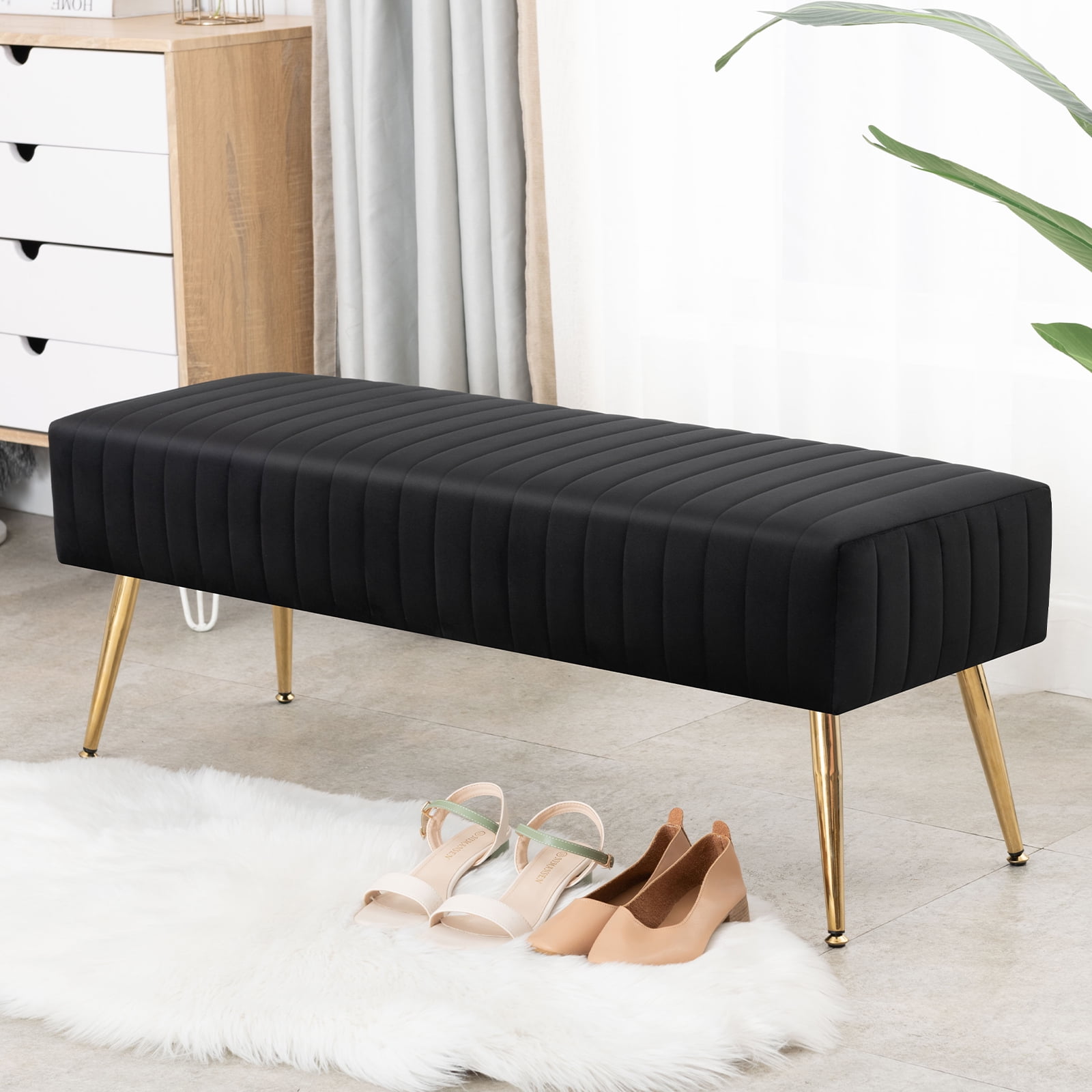 Furniliving Velvet Ottoman Bench Indoor Entryway Bench Modern ...