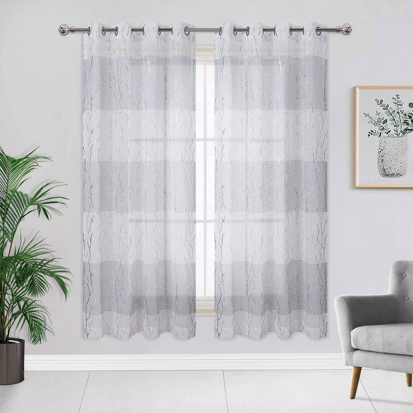 2 Panels Sheer Curtain, Tree Branch Print Semi Sheer Top Grommet ...