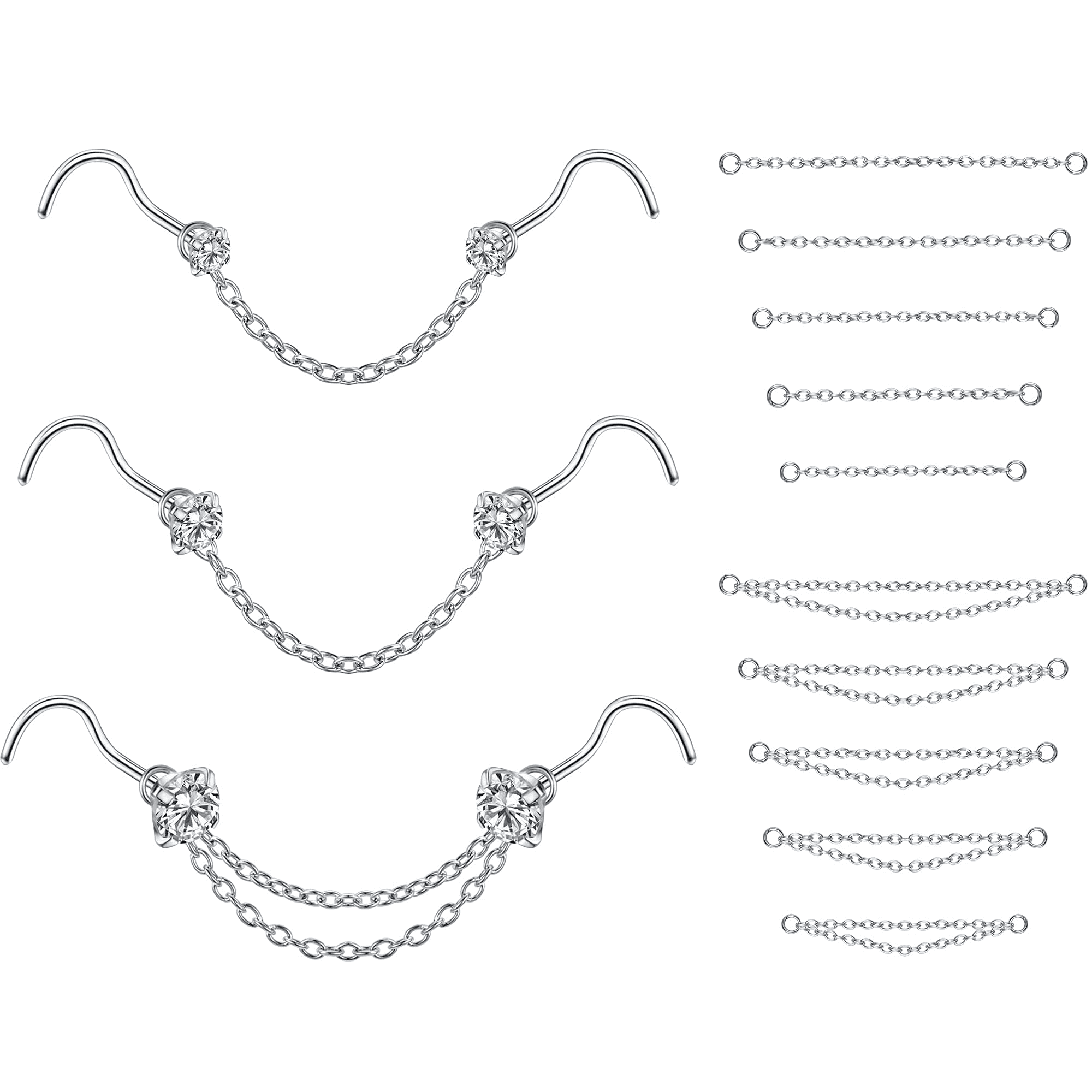 ZS 16Pcs/Set Nose Chain Piercing Across Nose Stud Claw Cubic Zirconia ...