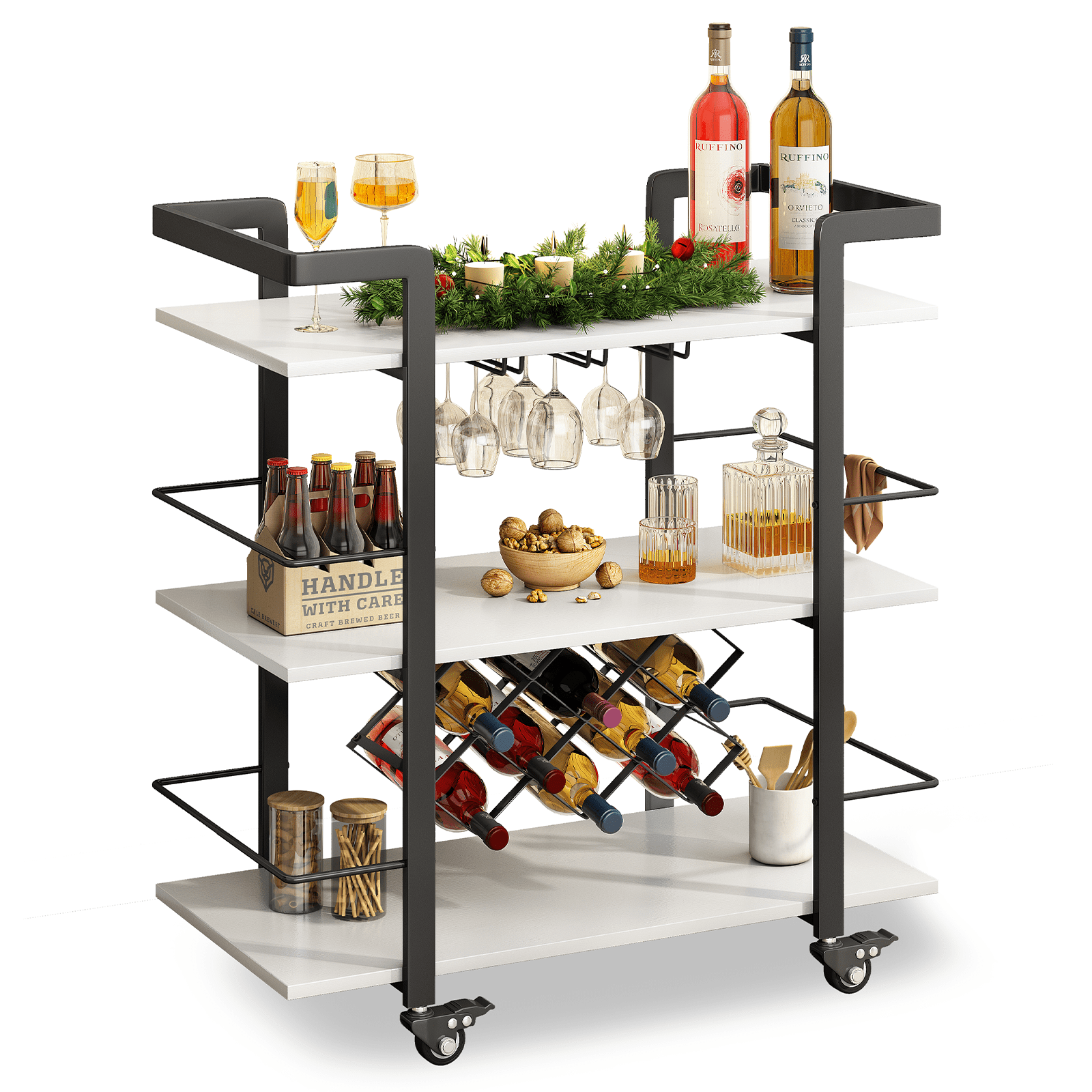 BALUS 31.5" Bar Cart with Glass Holders and Bottle Storage, MDF and ...