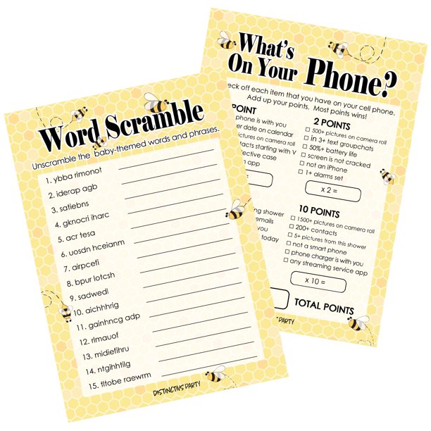 Distinctivs Yellow Bumble Bee Baby Shower What's On Your Phone and Word ...