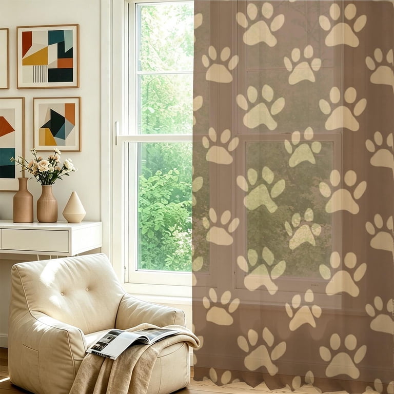 Dog Paw Print Brown Pattern Sheer Curtains, Rod Pocket Sheer Drapes ...