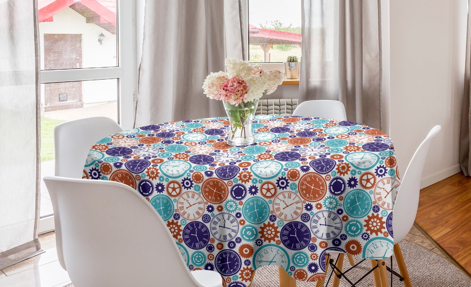 Clock Round Tablecloth, Vintage Clock Mechanism Roman Numbers Hour and ...