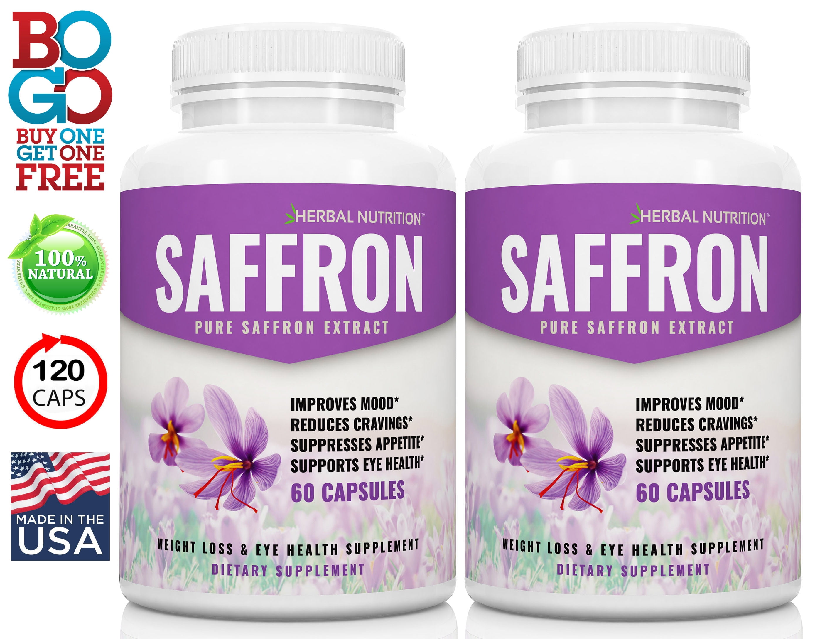 BOGO Sale - Pure Saffron Extract - Two 60 Count Bottles, 88.5mg Per ...