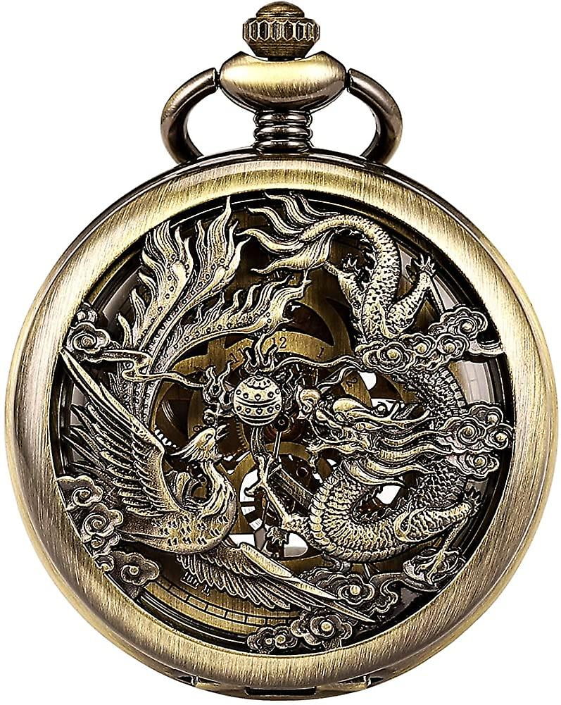 Reloj de bolsillo mecánico antiguo Foohvr Lucky Dragon & Phoenix Wishes ...