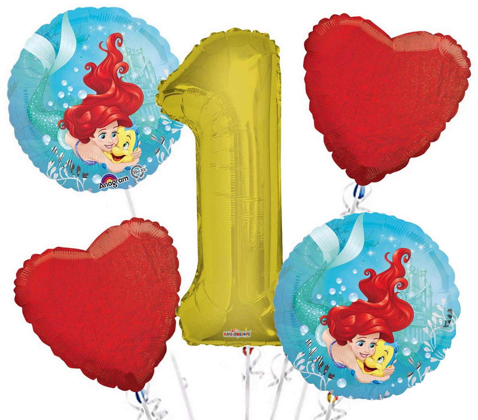 Ariel (Little Mermaid) Balloon Bouquet 5 pc, 1st Birthday, Gold Number ...
