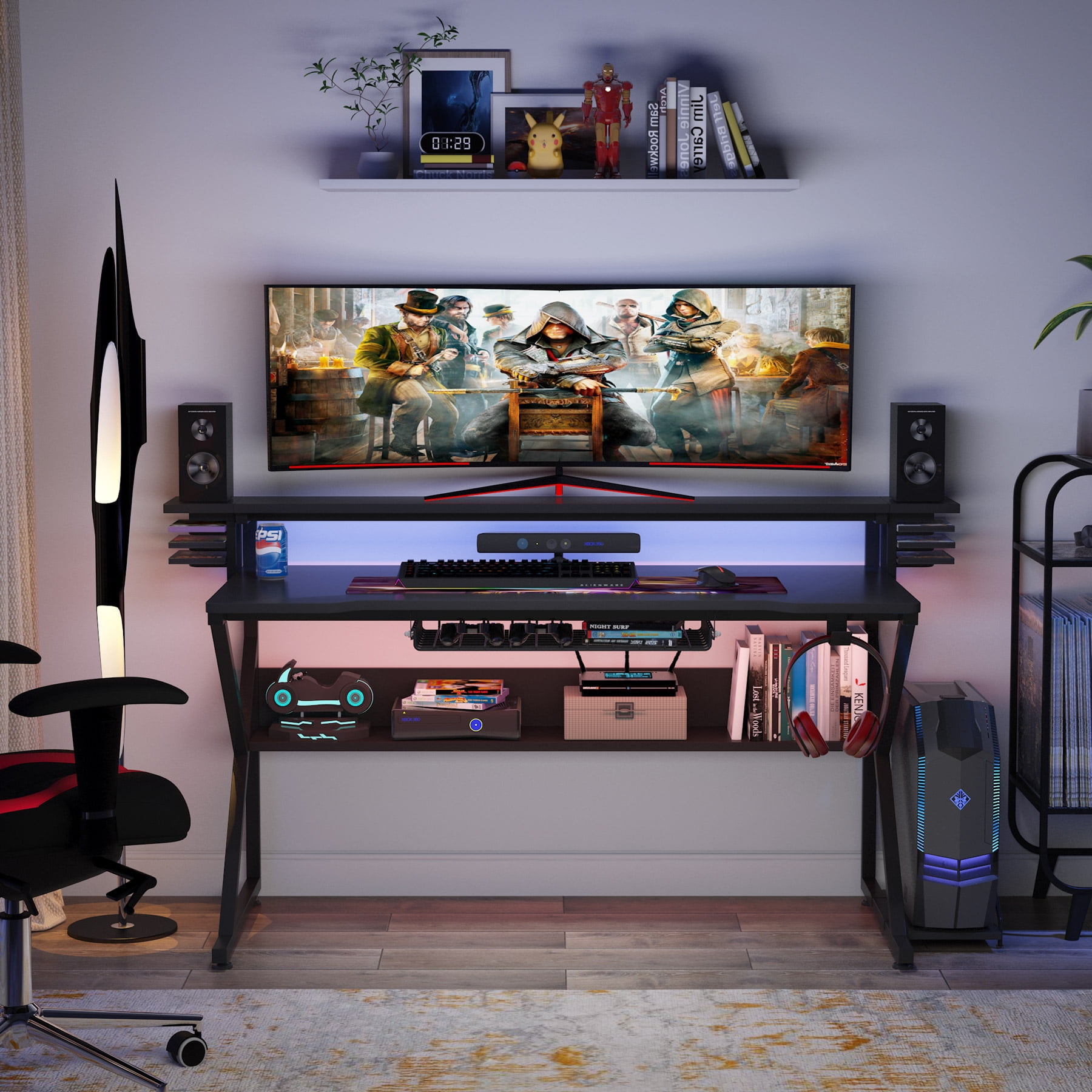 47 inches compuer gaming desk with stoage shelf and monitor stand ...