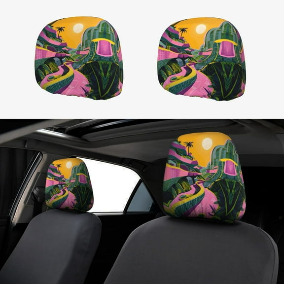 Cevemin 2 Pcs Funny Car Print Headrest Covers - Universal Stretchy ...