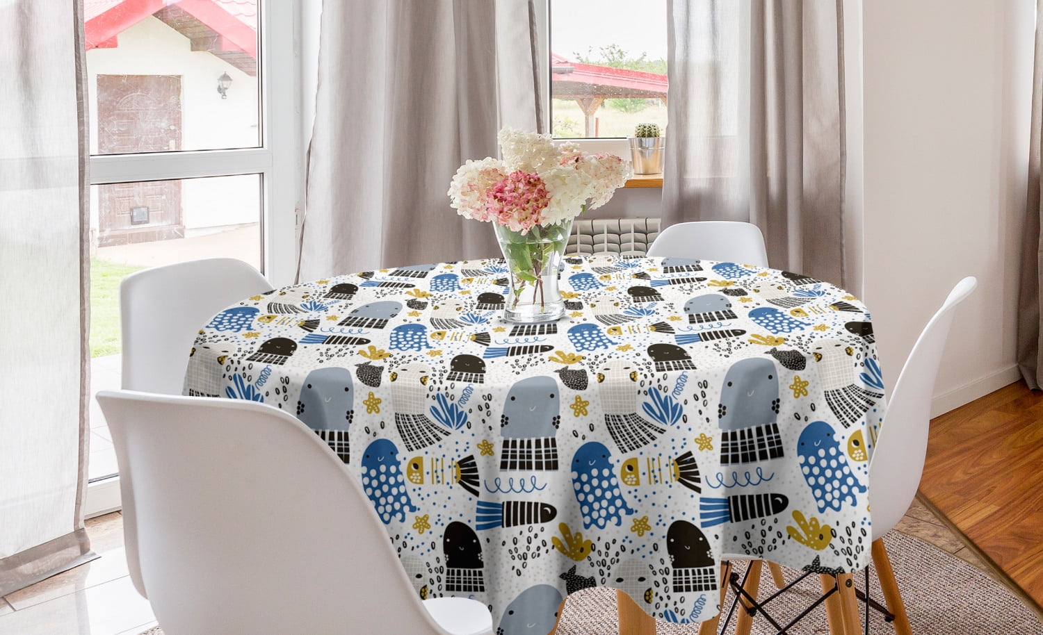 Doodle Round Tablecloth, Jellyfish in Contemporary Cartoon Starfish ...