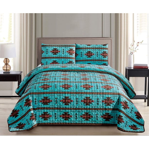 Southwest Teal/Burgundy/Brown Print Bedspread 2 Piece Design Microfiber ...