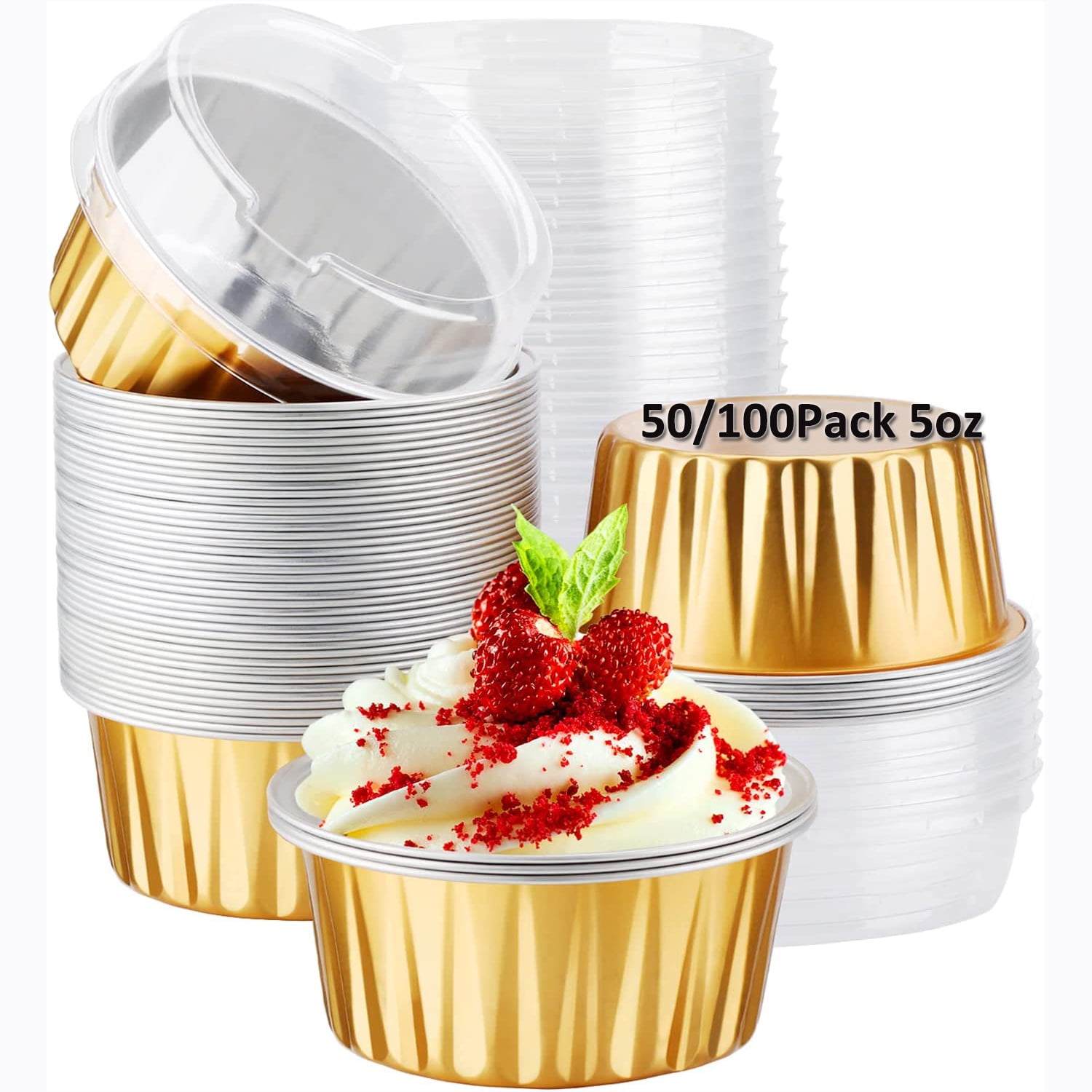 Aluminum Foil Cupcake Baking Cups, Gold 100Pack 5oz Disposable Mini ...