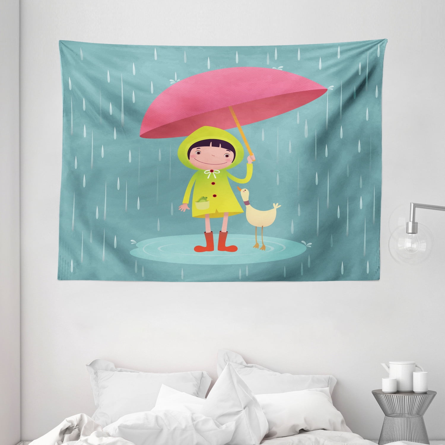 Rain Tapestry, Illustration of a Little Girl and Her Duck Animal Friend ...