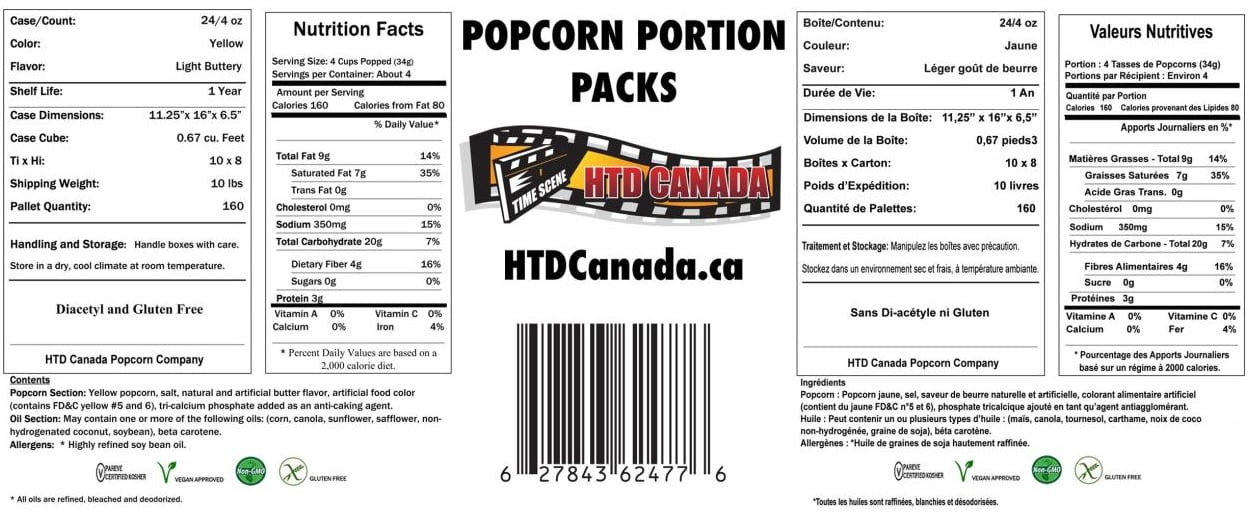 4 oz HTD Canada Popcorn Company Authentic Theater Popcorn Portion Packs ...