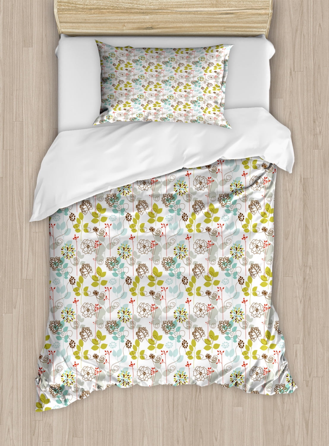 Floral Twin Size Duvet Cover Set, Doodle Style Arrangement of Fresh ...