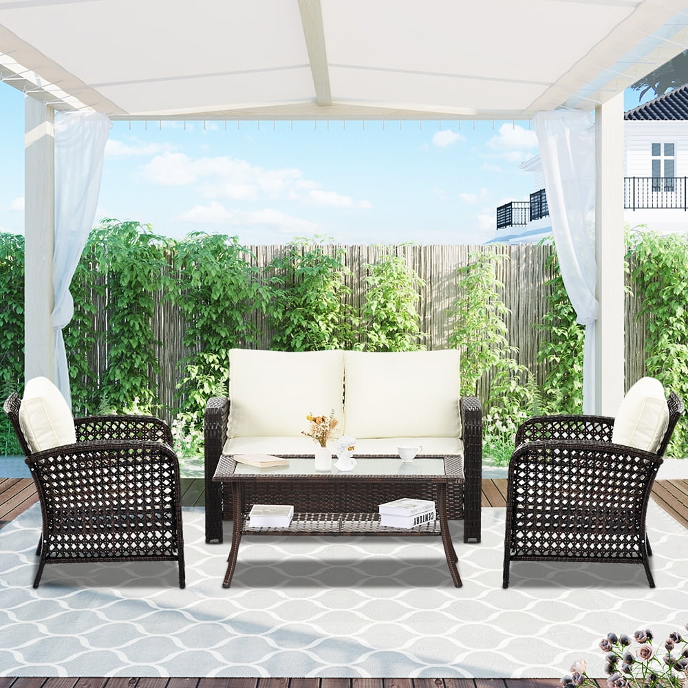 uhomepro 4-Piece Outdoor Rattan Patio Furniture Sets, Patio Wicker ...