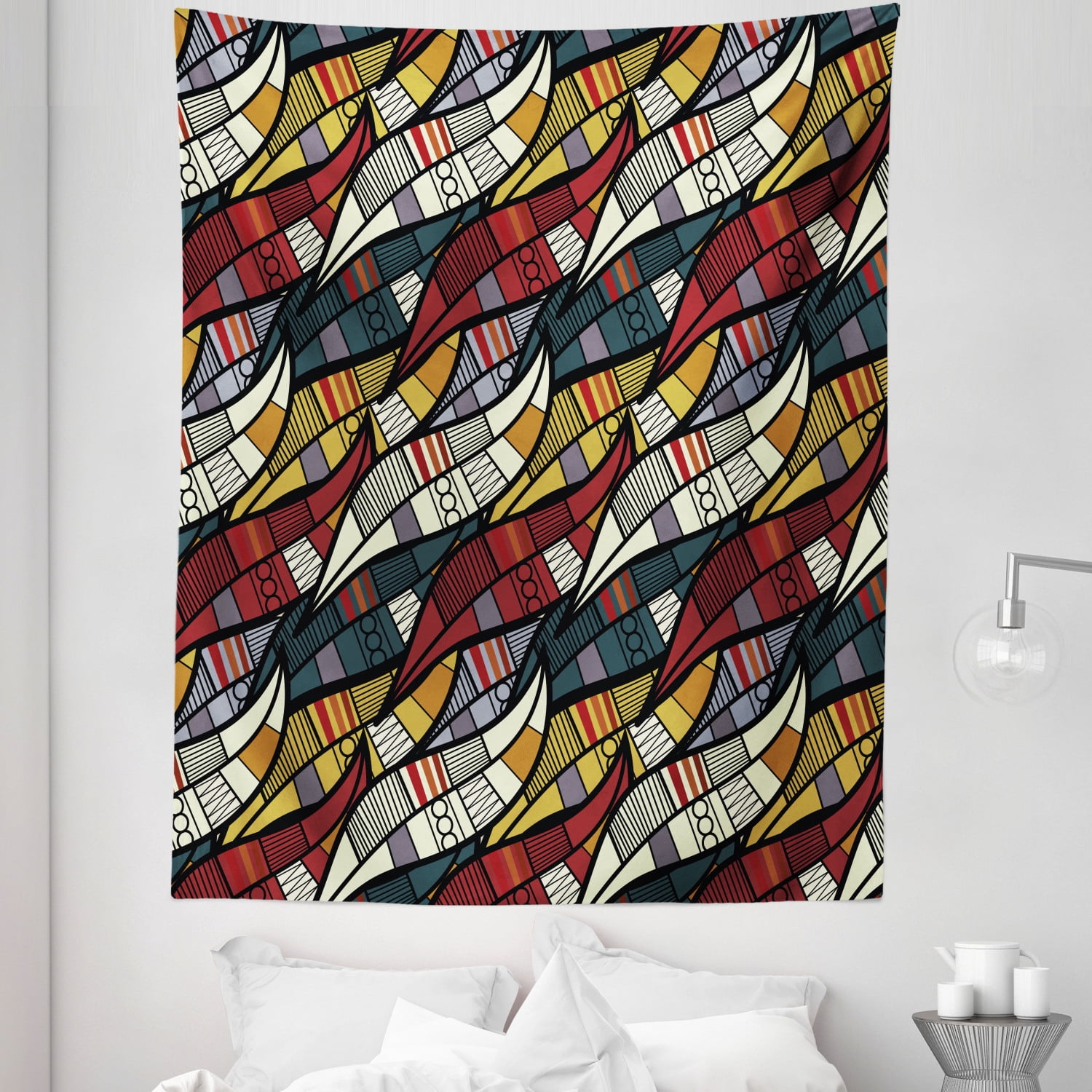 African Tapestry, Diagonal Abstract Leaves with Circles Chevrons Lines ...