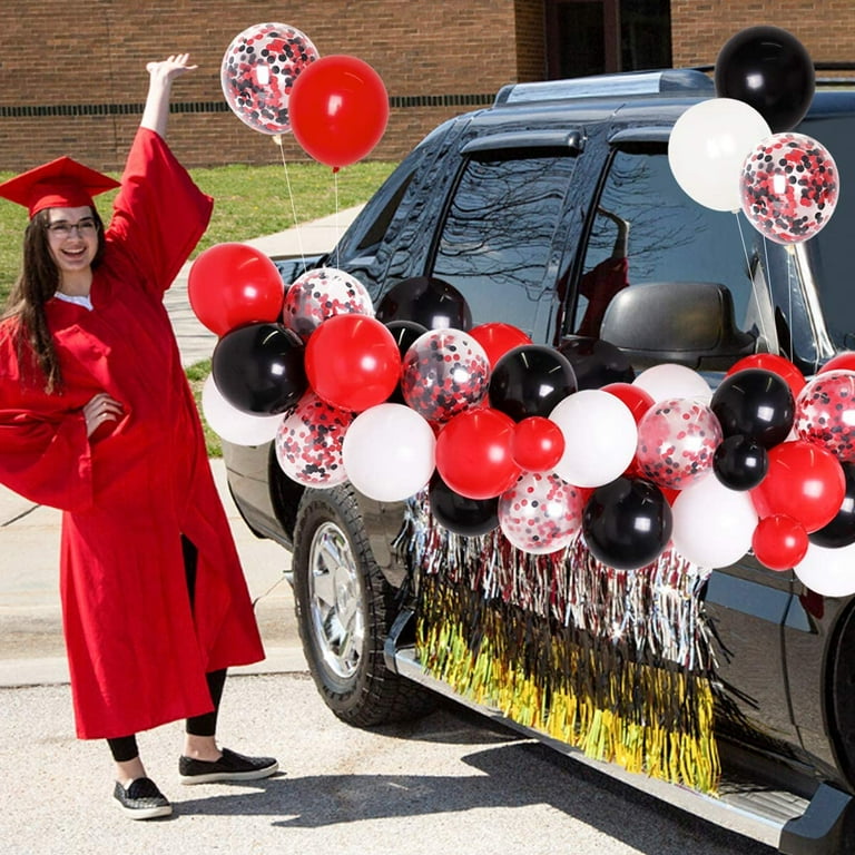 Red And Black Graduation Balloons And Flowers