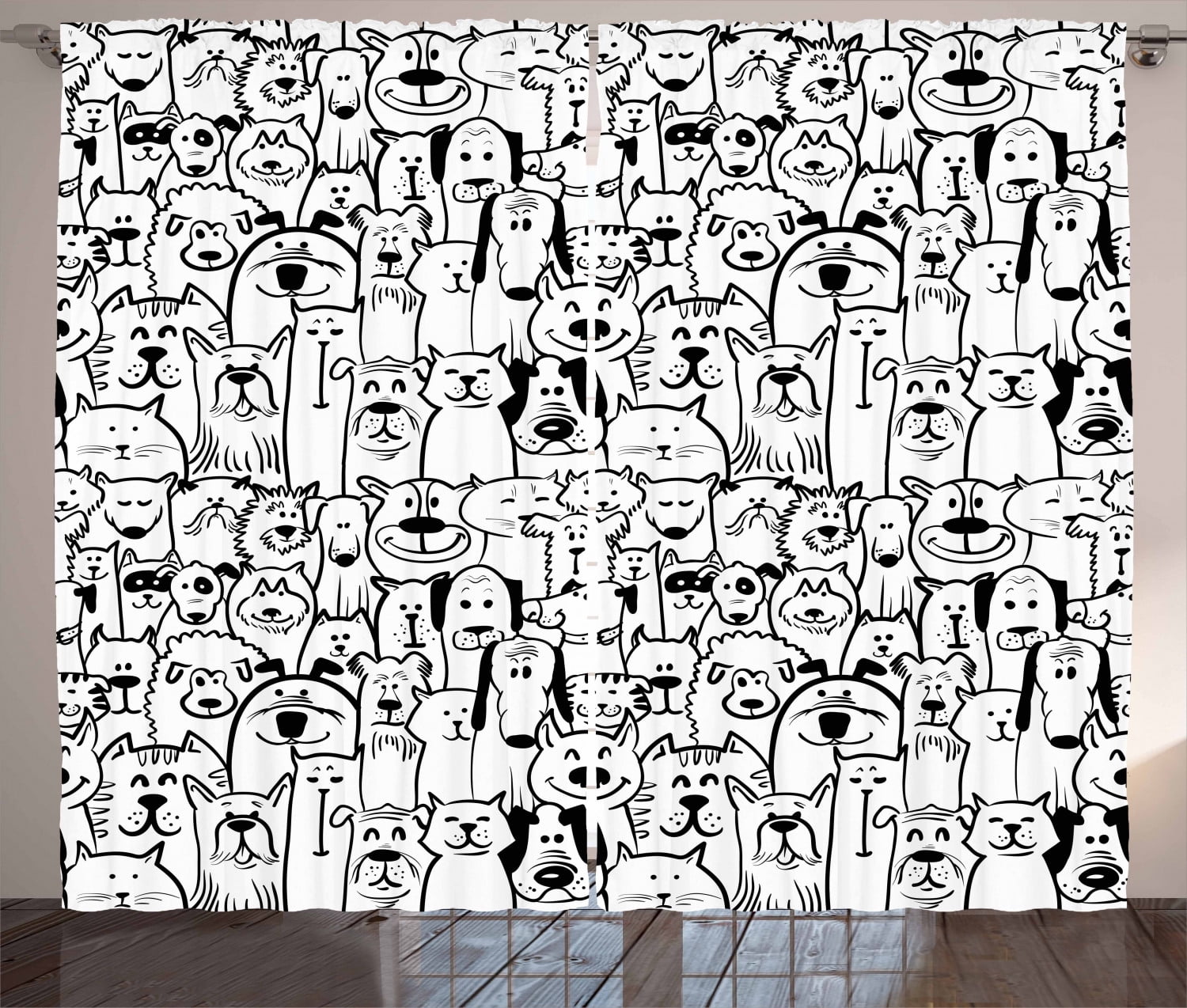 Doodle Curtains 2 Panels Set, Collection of Dogs and Cats Cute Animals ...