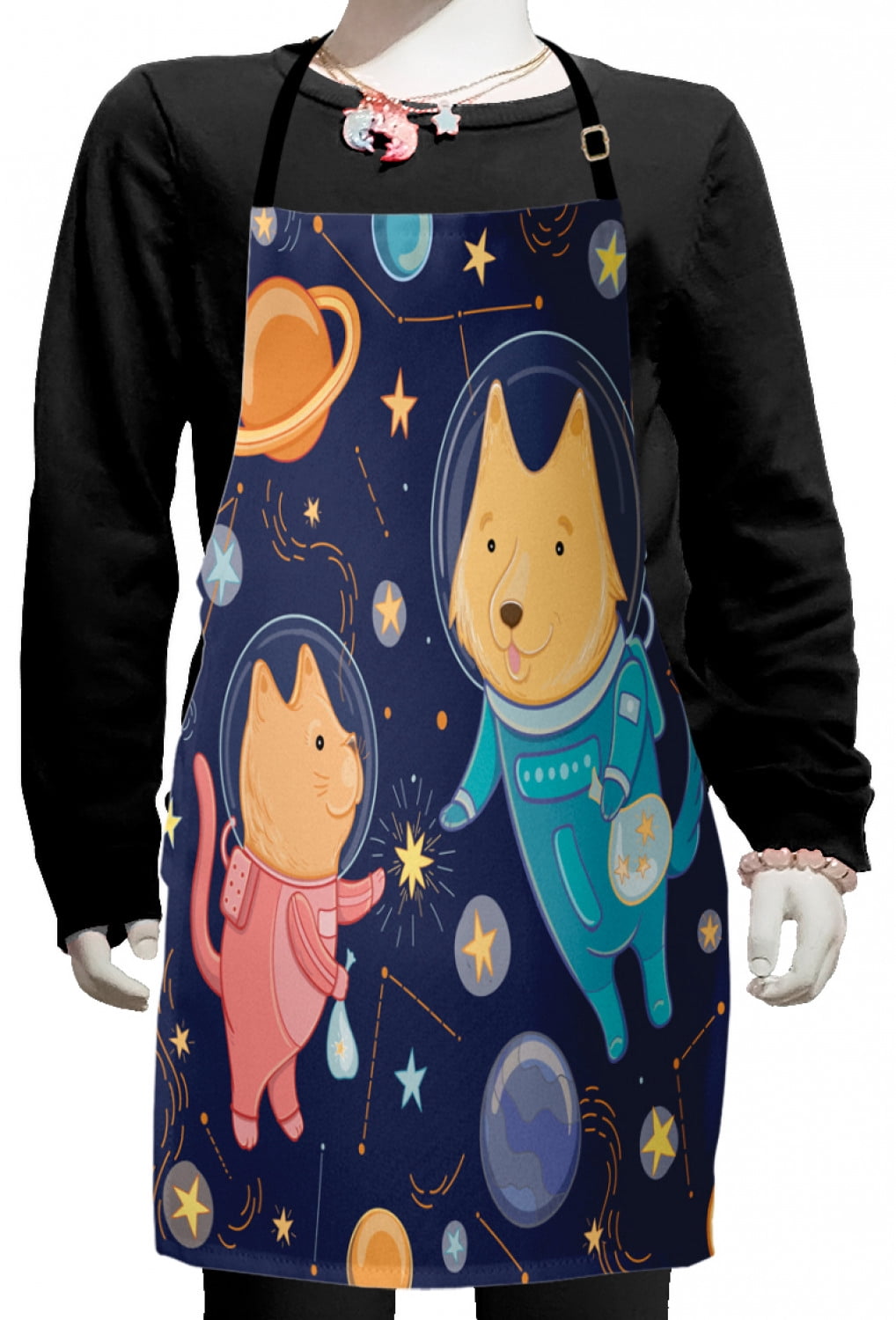 Space Kids Apron, Cartoon Dog and Cat Floating Among the Stars Animal ...