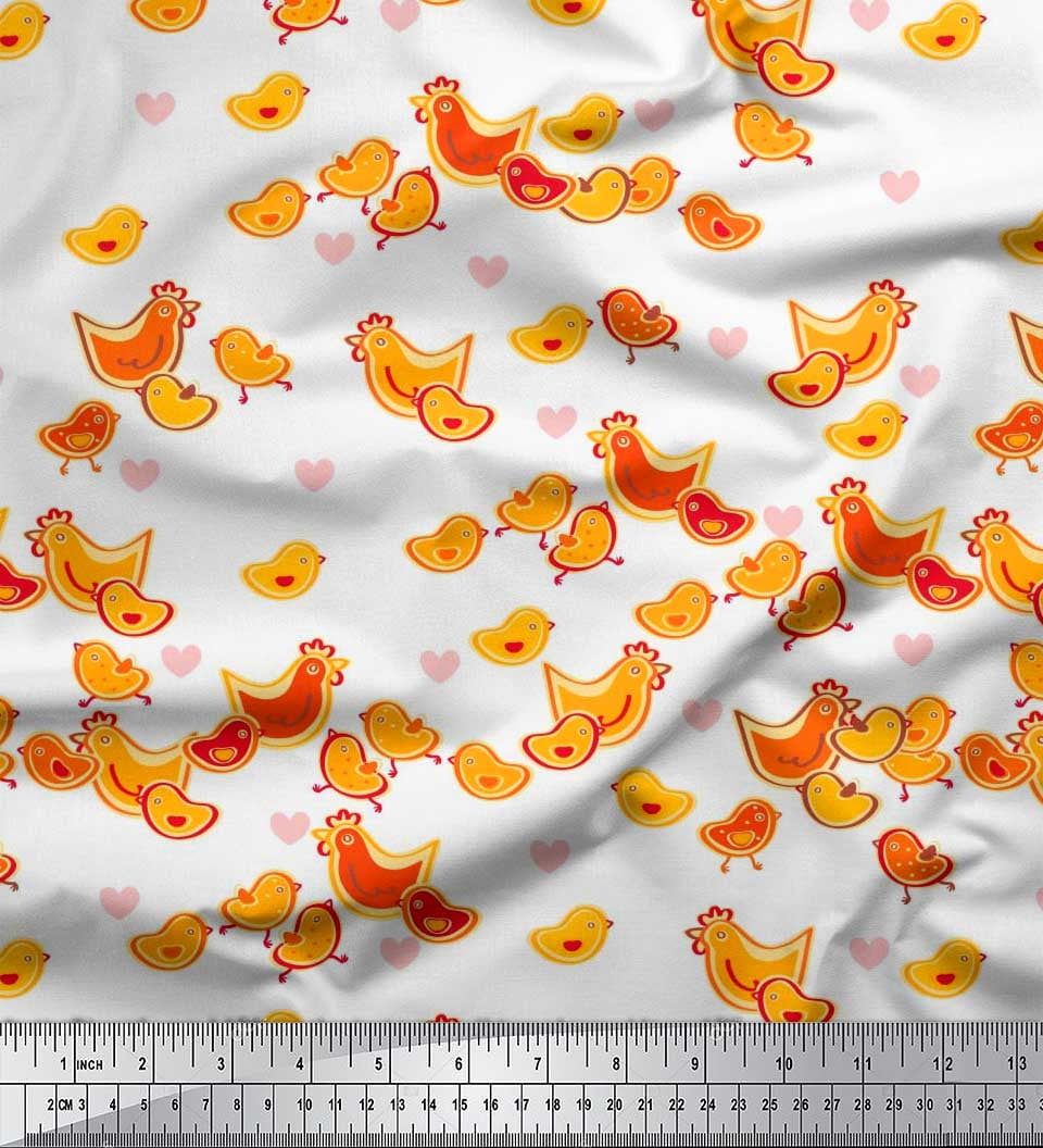 Soimoi Satin Silk Fabric Heart,Hen & Chick Cartoon Print Fabric by The ...