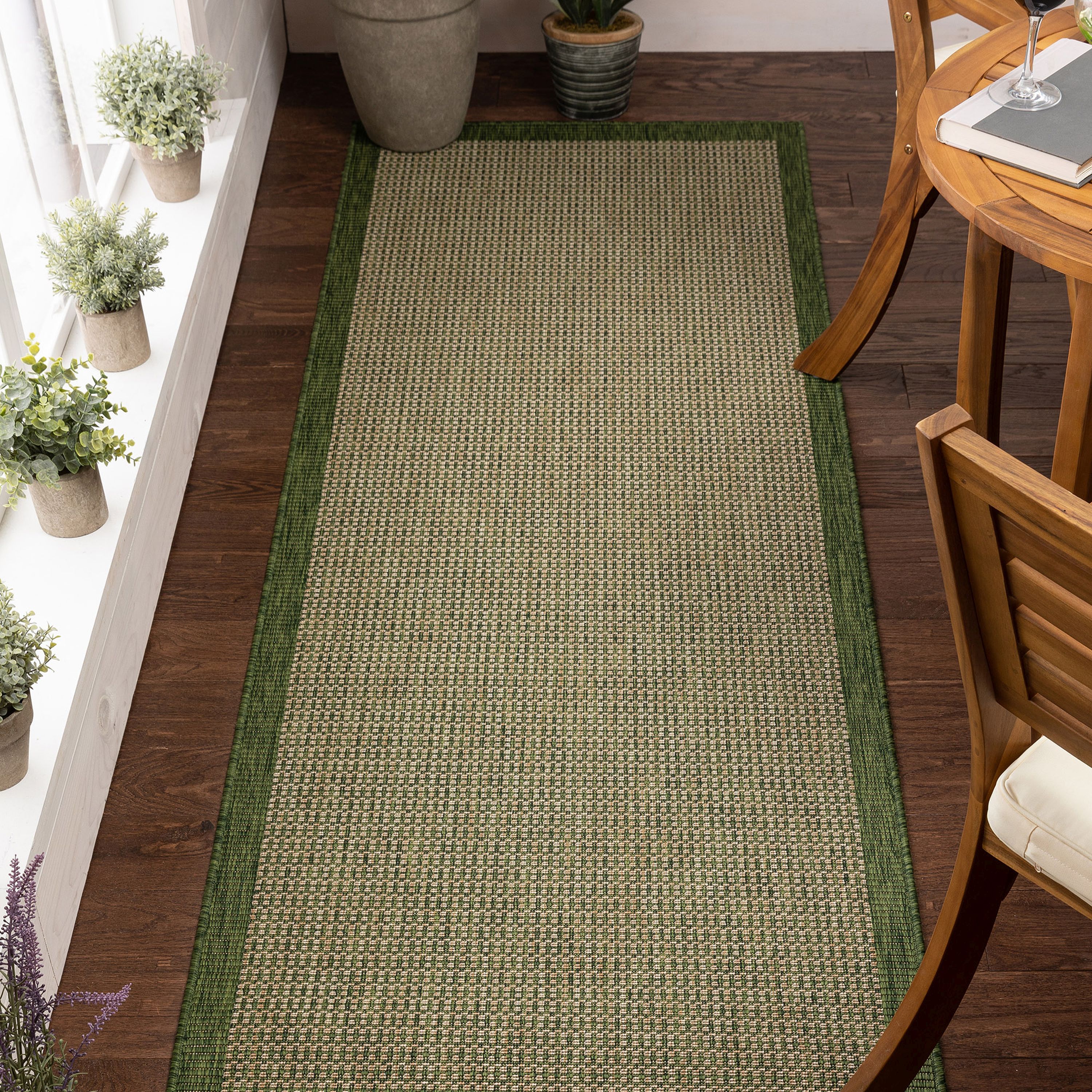 Well Woven Woden Green Indoor/Outdoor Solid Color Border Runner Rug ...
