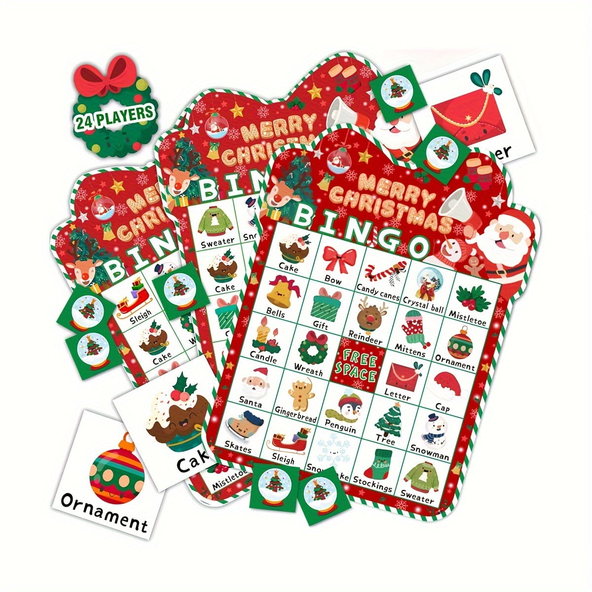 Festive Christmas Bingo Game: 24 Players Bingo Cards for Family Fun ...