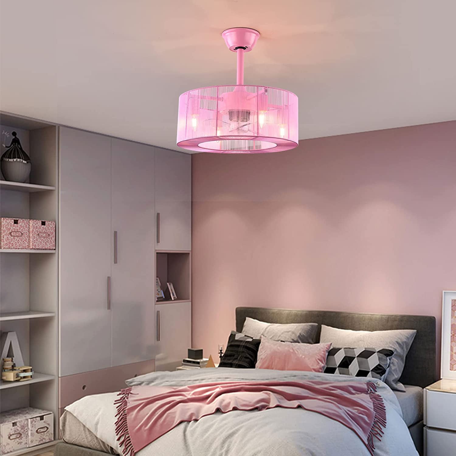 MONIPA Pink 18" Round Ceiling Fan with Lights 4-Light Unique Designed ...