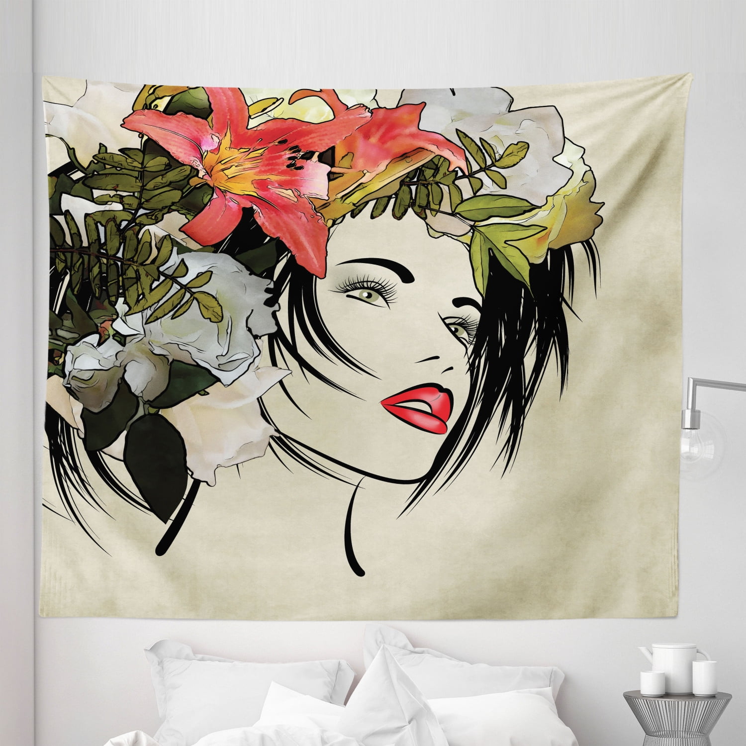 Women Tapestry, Lady Portrait Sketchy Digital Drawn Tropic Floral ...