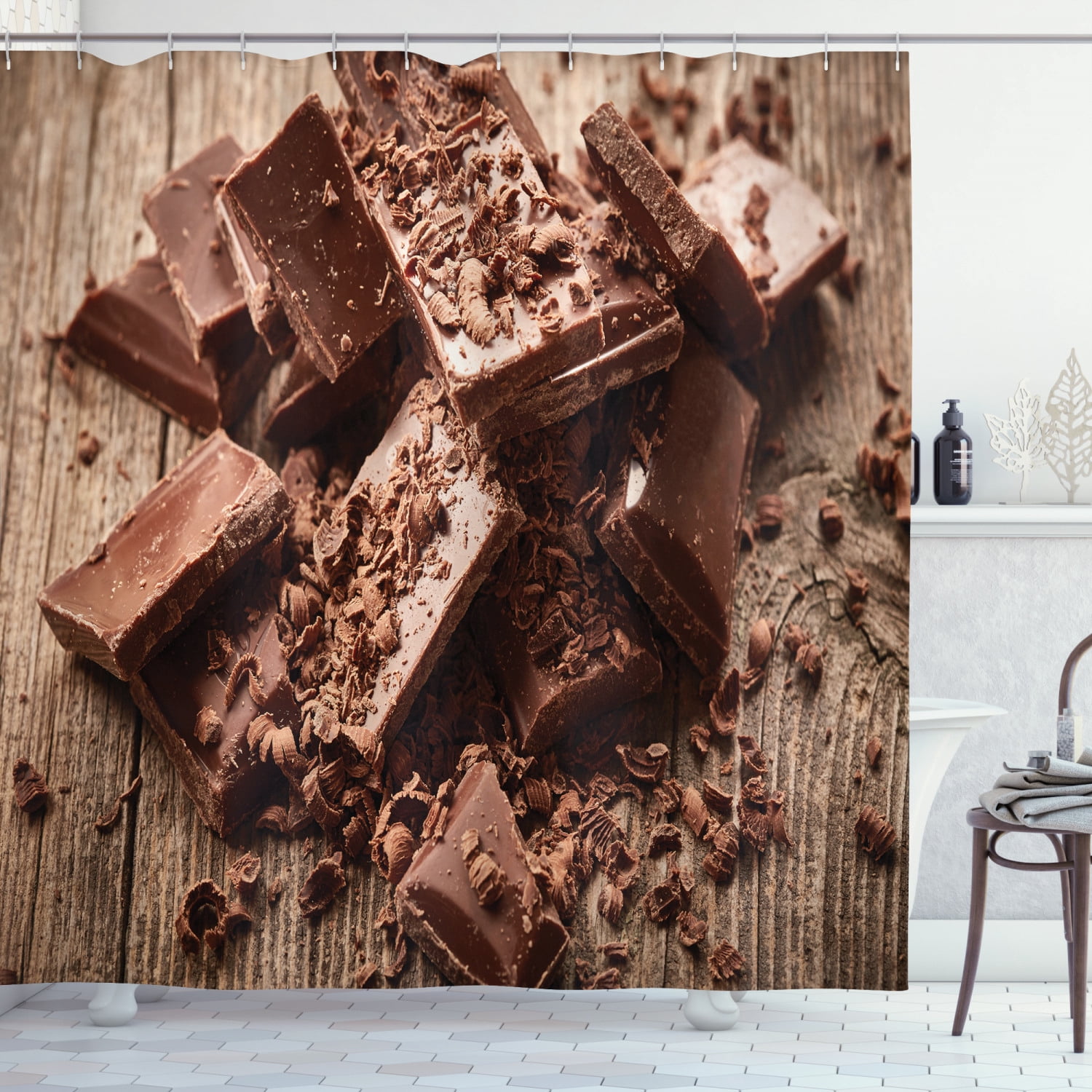 Chocolate Shower Curtain, Bitter and Milky Chocolate Bars and Shavings ...