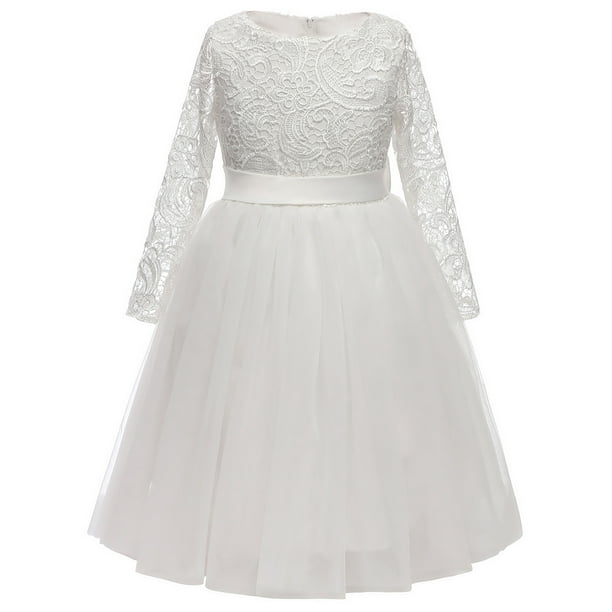 Flower Girl Dress Long Sleeves Lace Top Tulle Skirt Girls Lace Party