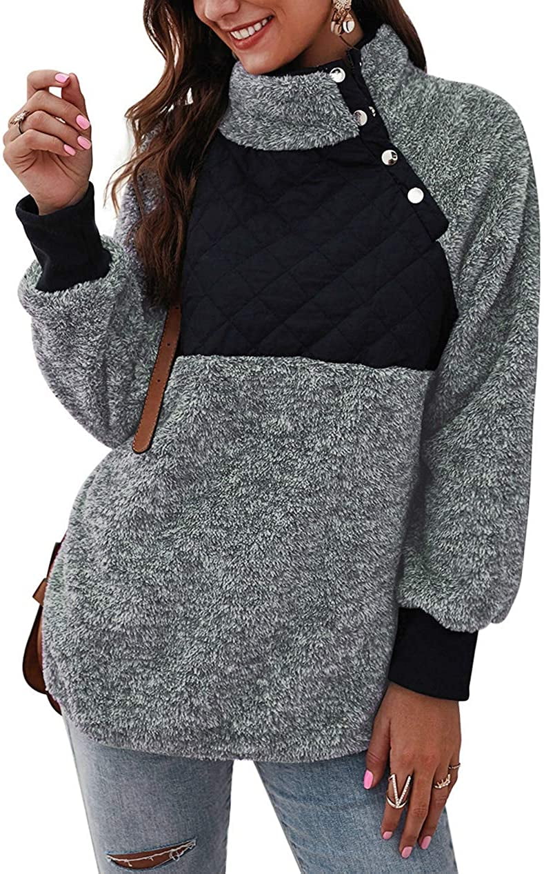 Womens Fuzzy Sherpa Pullover Zip Tops Warm Sweater Fleece Winter Coat With Pocket Outwear