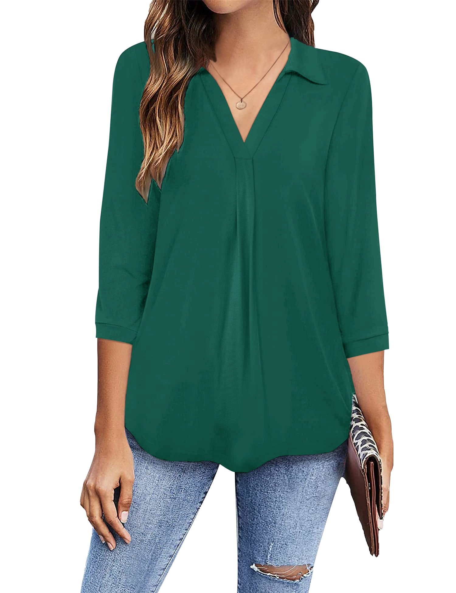 GingDin Womens Plus Size Shirts V Neck 3/4 Sleeve Shirts Business ...