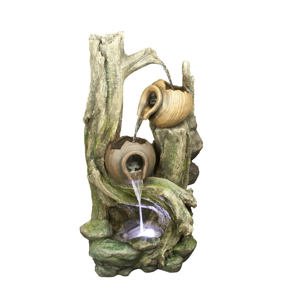 Alpine 4-Tiered Cascading Jars Tree Trunk Fountain w/ LED Light, 39 ...