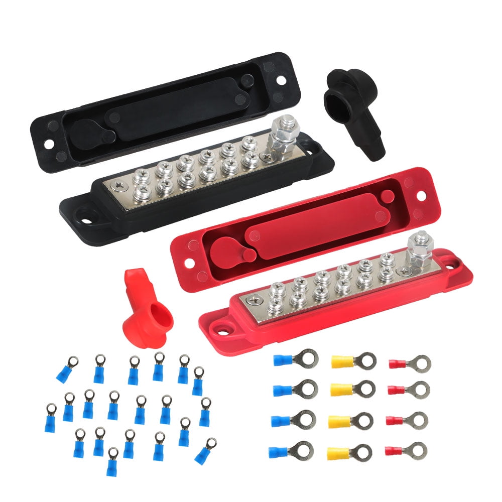 waltyotur Pair Black & Red Bus Bar Power Distribution Block 12 Point Busbar 180A 12V DC ...