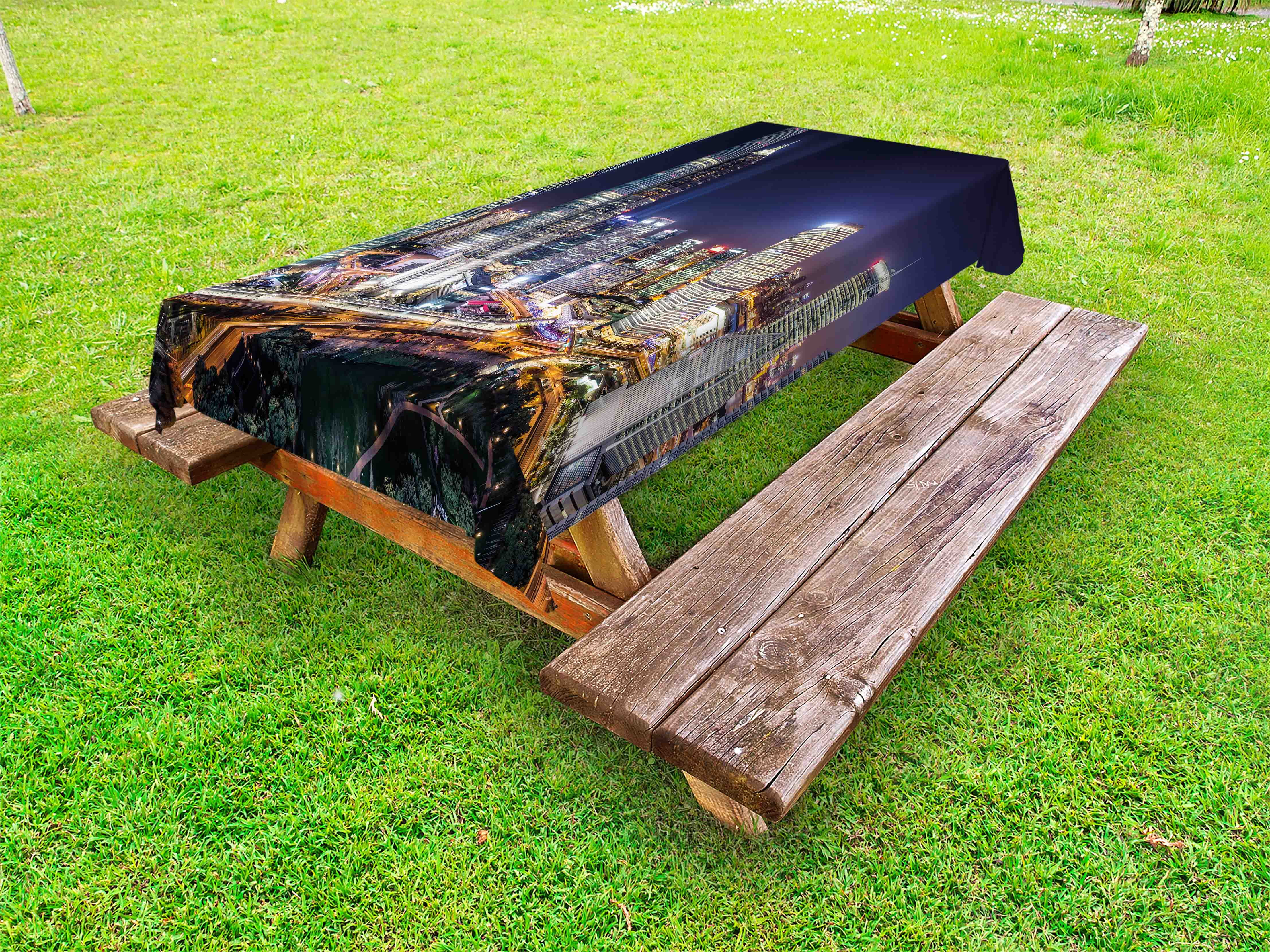 Urban Outdoor Tablecloth, Skyline Illuminated Skyscrapers in Modern ...