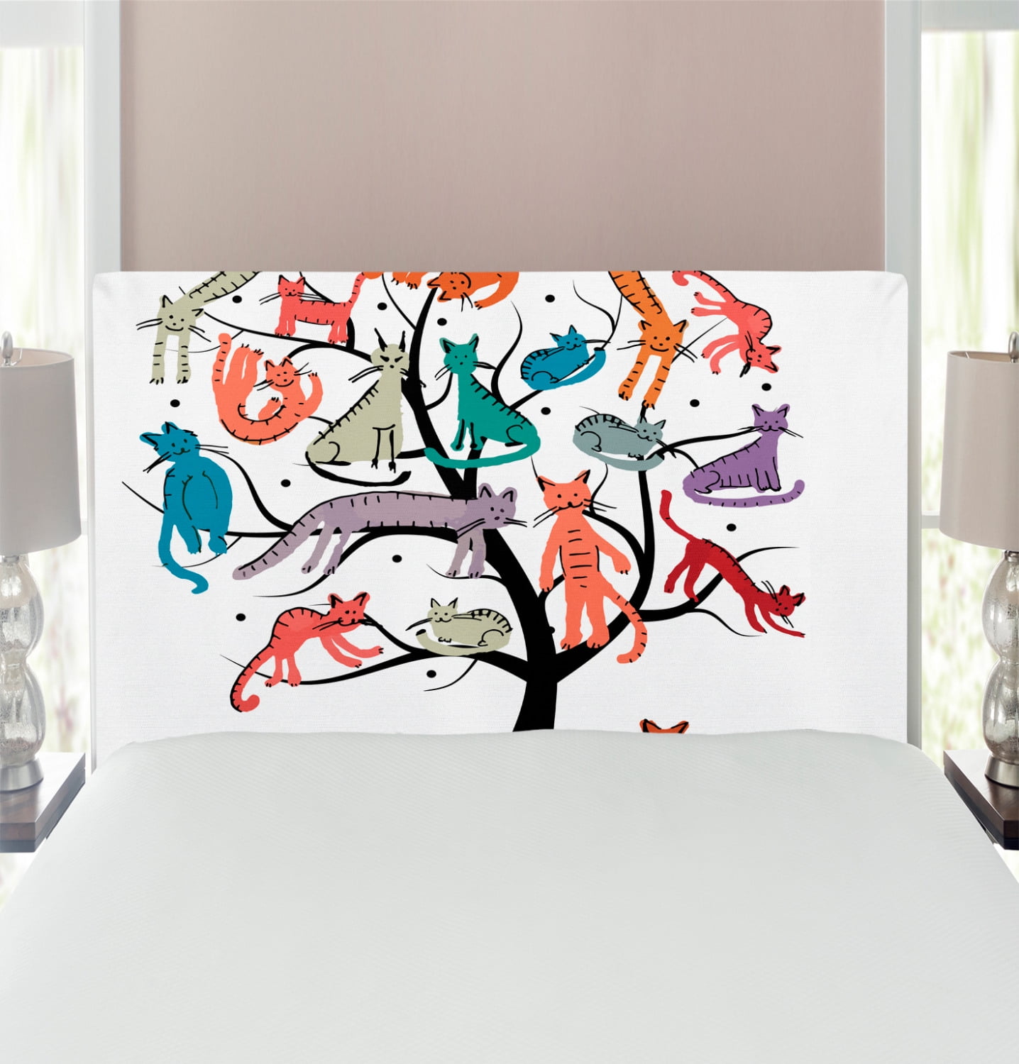 Cartoon Headboard, Cat Tree Various Kitties on the Branches Little Paws ...